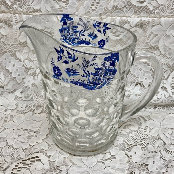 Dining | Vintage Heavy Coin Dot Glass Blue Willow Pitcher | Poshmark
